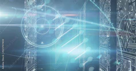 Image Of Dna Structure Spinning Over Screens Of Microprocessor Connections On Blue Background