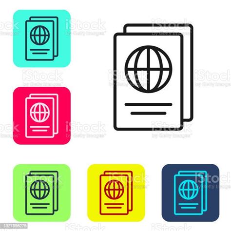 흰색 배경에 격리 된 생체 인식 데이터 아이콘블랙 라인 여권 식별 문서입니다 색상 정사각형 단추로 아이콘을 설정합니다 벡터 0