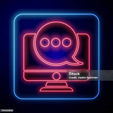 파란색 배경에 격리 된 모니터 아이콘에 빛나는 네온 새로운 채팅 메시지 알림 스마트 폰 채팅 Sms 메시지 음성 거품 벡터 일러스트레이션 Brand Name Online