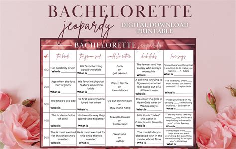 Bachelorette Jeopardy Game Wedding Shower Party Activity Printable
