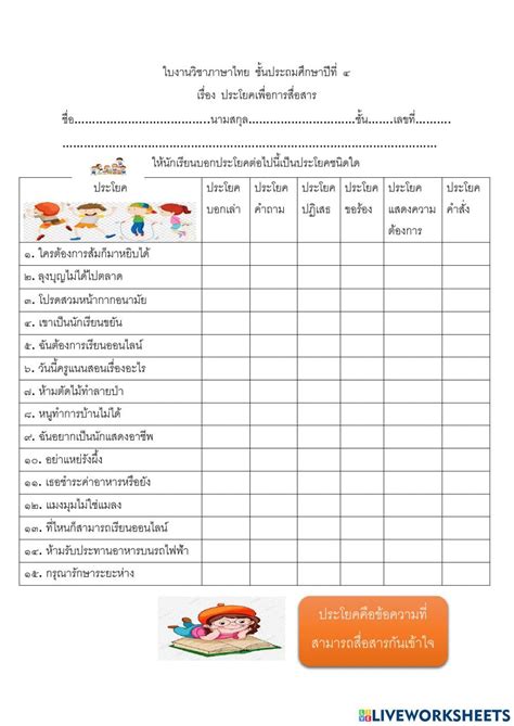 ใบงานเรื่อง ประโยคเพื่อการสื่อสาร Worksheet Artofit