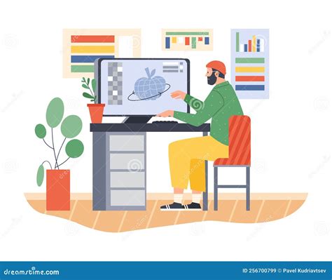 Man Designer Character Making 3d Object On Computer Flat Style Stock
