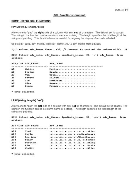 Sql Functions Handout Sql Functions Handout Some Useful Sql Functions Rpadstring Length