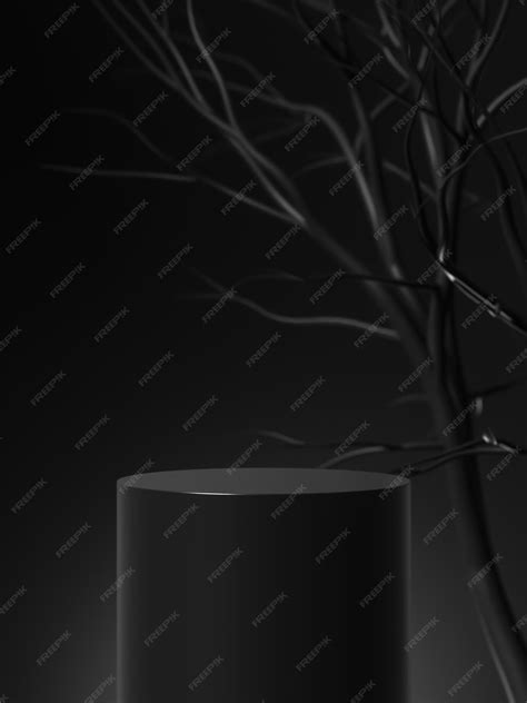 빈 프레젠테이션 제품 무대 스탠드 또는 빈 천연 고급 어두운 장면 공간과 최소한의 받침대 코스메틱 쇼케이스 개념을 사용하여 자연 3d 배경에 검정 연단 추상 트리 배경 표시