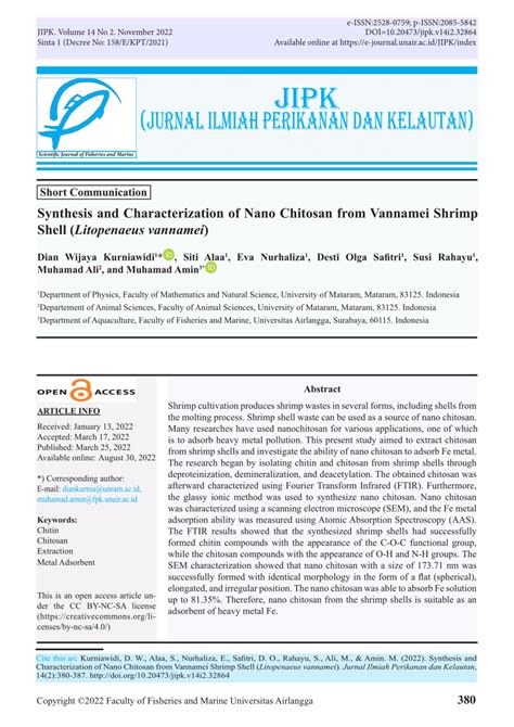 Pdf Synthesis And Characterization Of Nano Chitosan From Vannamei Shrimp Shell Litopenaeus