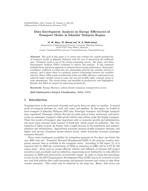 Pdf Data Envelopment Analysis On Energy Efficiencies Of Transport Modes In Iskandar Malaysia
