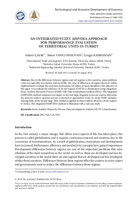 Pdf An Integrated Fuzzy Ahp Dea Approach For Performance Evaluation Of Territorial Units In Turkey