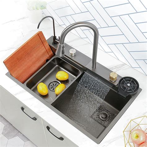 New Black Nanometer 304 Stainless Steel Waterfall Kitchen Sink 3mm