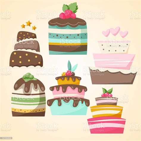 생과자 세트 만화 스타일 음식 케이크 달콤한 빵집 크림 벡터 일러스트 레이 션과 함께 맛있는 간식 갈색에 대한 스톡 벡터 아트 및 기타 이미지 Istock