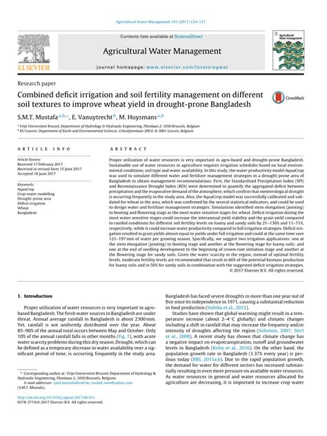 Pdf Irrigation Scheduling For Wheat In Bangladesh Under Water Stress Conditions Using Water