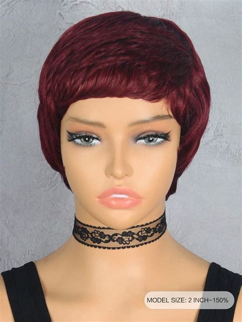 Short Straight Pixie Cut Human Hair Wigs With Bang 99j Burgundy Colored