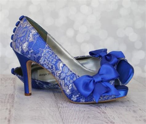 Wedding Shoes Royal Blue Platform Peep Toe Custom Wedding Shoes With Silver Lace Overlay Bow