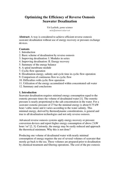 Pdf Optimizing The Efficiency Of Reverse Osmosis Seawater Desalination