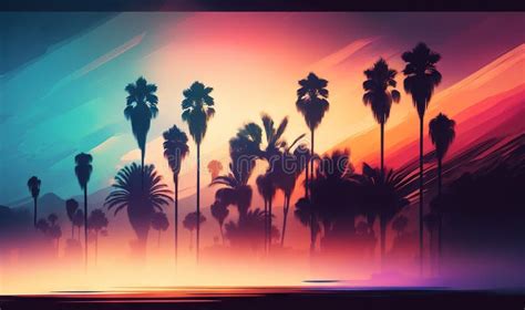 A Painting Of A Sunset With Palm Trees In The Foreground Stock Illustration Illustration Of