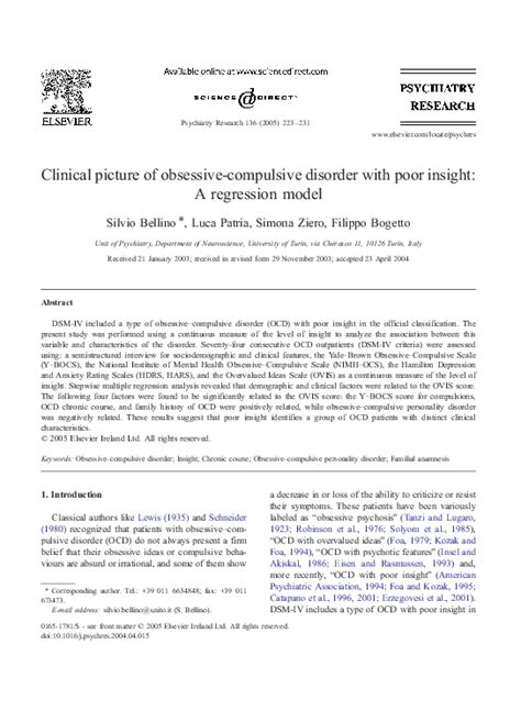 Pdf Clinical Picture Of Obsessive Compulsive Disorder With Poor Insight A Regression Model