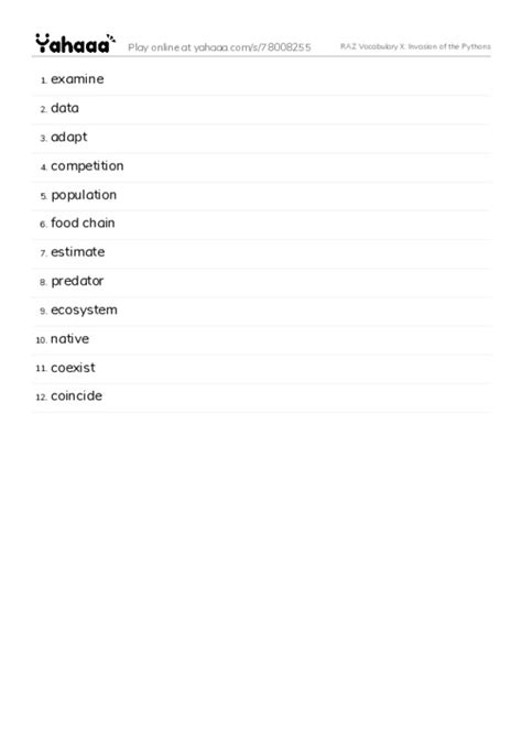 Free Worksheet On RAZ Vocabulary X Invasion Of The Pythons Yahaaa