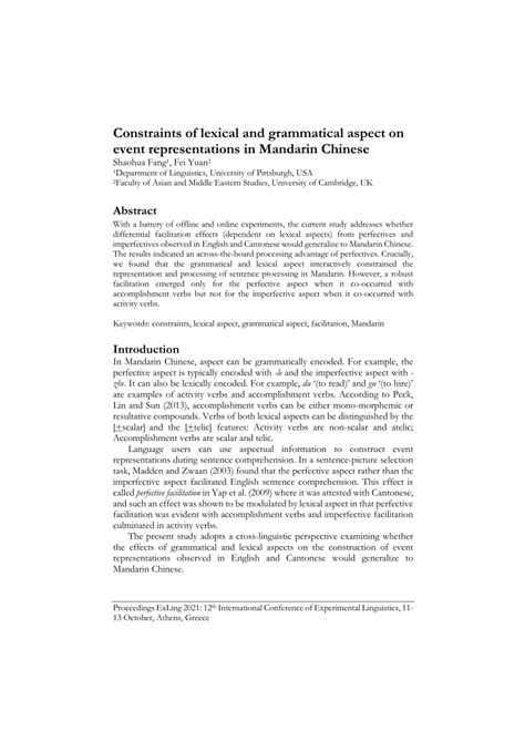 Pdf Constraints Of Lexical And Grammatical Aspect On Event Representations In Mandarin Chinese