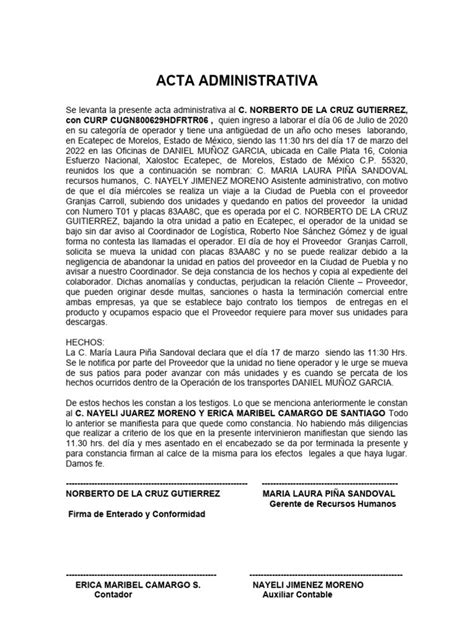 Formato De Acta Administrativa Pdf