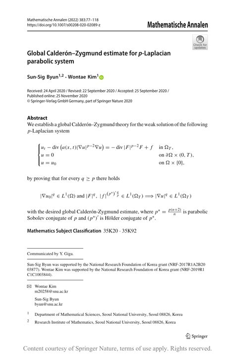 Global Calderónzygmund Estimate For P Laplacian Parabolic System Request Pdf