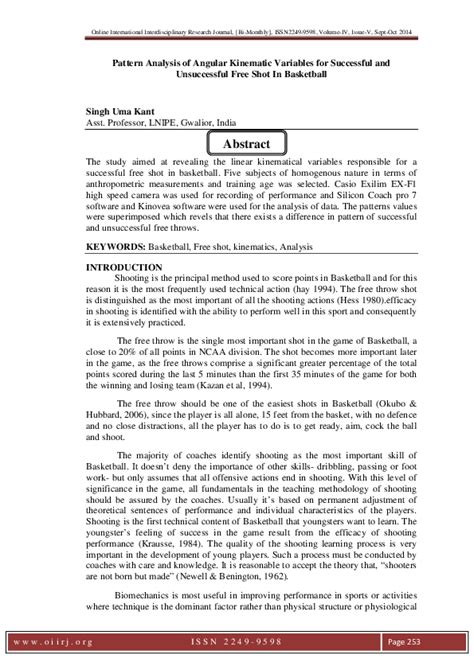 Pdf Pattern Analysis Of Angular Kinematic Variables For Successful And Unsuccessful Free Shot