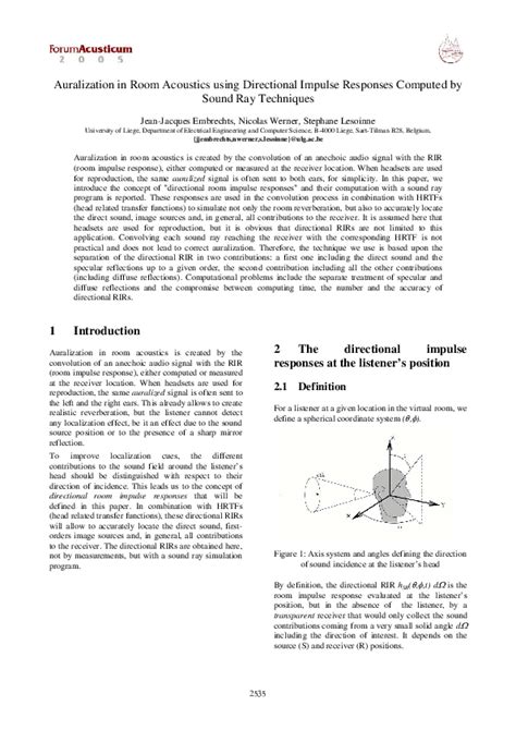 Pdf Auralization In Room Acoustics Using Directional Impulse Responses Computed By Sound Ray