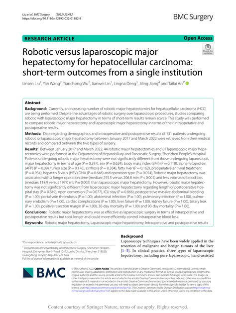 Pdf Robotic Versus Laparoscopic Major Hepatectomy For Hepatocellular Carcinoma Short Term