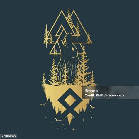 검은 배경에 바이킹 상징과 룬의 황금색 실루엣 스칸디나비아 천체 벡터 일러스트 레이 션 의 늑대 Valknut 및 나무 인쇄 웹 및 티셔츠 디자인 Triskele에 대한