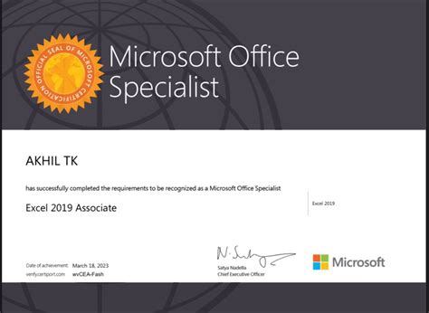 Completed Certificate Excel 2019 Associate Akhil Tk