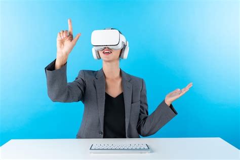 Premium Photo Smart Business Woman Compare Data Analysis While Using Vr Goggles Contraption