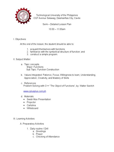 Functions Lesson Plan Pdf Subroutine Parameter Computer Programming