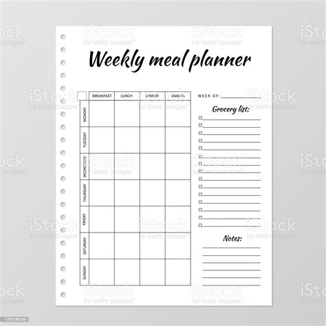 주간 식사 플래너 템플릿 빈 흰색 노트북 페이지가 회색으로 격리되었습니다 식품 일기 종이 시트입니다 기획 메뉴 및 식료품 문구 현실적인 벡터 그림 미니멀 한 디자인 계획에