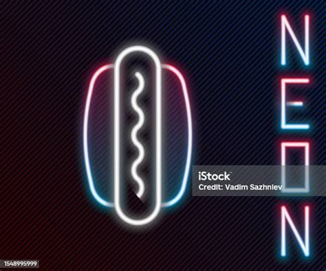 검은 배경에 고립 된 빛나는 네온 라인 핫도그 샌드위치 아이콘 소시지 아이콘 패스트 푸드 기호 다채로운 개요 개념 벡터 가공육에