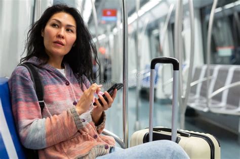 Woman Passenger Using Phone In Subway Car Stock Image Image Of