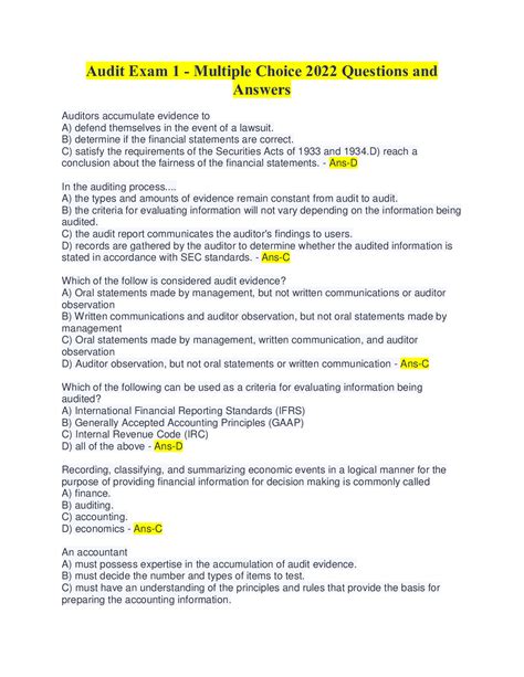 Audit Exam 1 Multiple Choice 2022 Questions And Answers Artofit