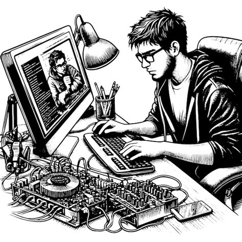 Programmer Working On Computer Hardware With Code On Screen Black And White Vector Generative Ai