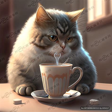 Ai创作图喝奶茶的猫咪 昵图网