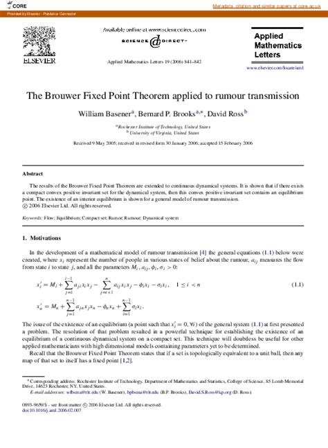 Pdf The Brouwer Fixed Point Theorem Applied To Rumour Transmission