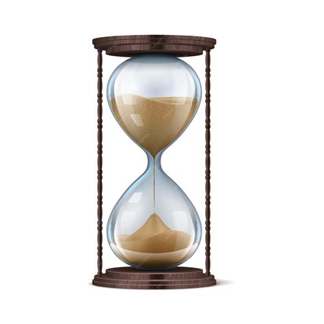 나무 모래 시계 갈색 스탠드에 현실적인 모래 시계 3d 스톱워치 투명 플라스크에 떨어지는 입자는 카운트다운을 위한 구식 크로노미터 시간 벡터 빈티지 시계를 측정합니다