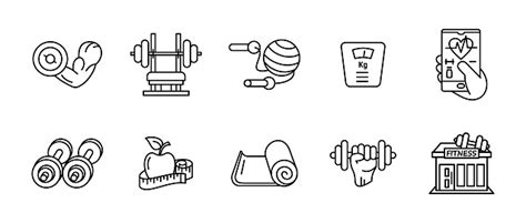 피트니스 아이콘 세트입니다 운동 훈련 및 운동 기호 모음 힘 역도 요가 및 심장 벡터 일러스트 레이 션 체육관 건강 및 웰빙 픽토그램 스포츠 및 보디 빌딩 개념 0명에 대한