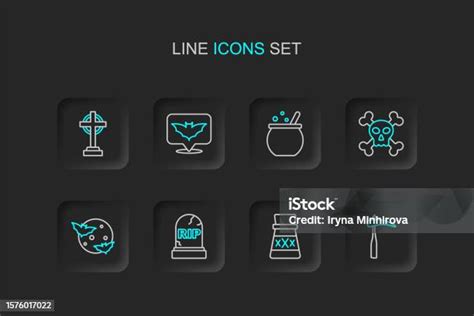 세트 라인 낫 물약이 든 병 툼스톤 Rip 작성 달과 별 해골 십자뼈 할로윈 마녀 가마솥 날아다니는 박쥐 및 아이콘 벡터 가득 찬에 대한 스톡 벡터 아트 및 기타 이미지