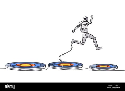 Single Continuous Line Drawing Astronaut Jumping On Bigger Target In Moon Surface Advancement