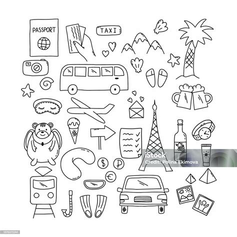 전 세계를 여행하십시오 관광 기호의 집합 바다에서 휴가 비행기로 여행 벡터 낙서 그림입니다 손으로 그린 스케치 여권에 대한 스톡 벡터 아트 및 기타 이미지 Istock