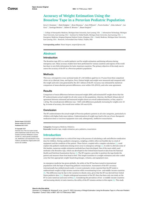 Pdf Accuracy Of Weight Estimation Using The Broselow Tape In A Peruvian Pediatric Population