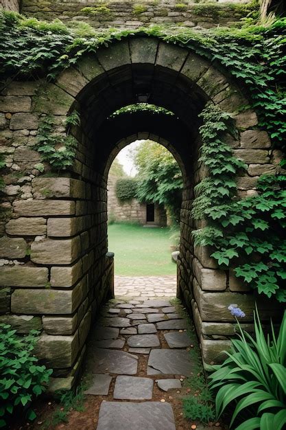 A Stone Archway With A Door Leading To A Garden Premium Ai Generated