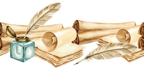 깃털 깃펜 딥 펜과 빈티지 녹색 유리 잉크병 오래 된 갈색 종이 더미 오래된 스크롤 파피루스 역사적인 테마의 수채화 그림 쓰기에 대 한 골동품 장치와 완벽 한 테두리 0명에