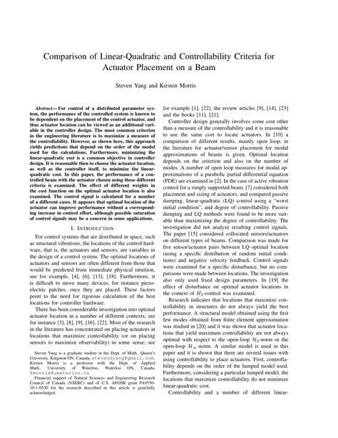 Pdf Comparison Of Linear Quadratic And Controllability Criteria For Actuator Placement On A Beam