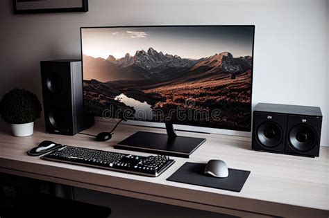 A Minimalist Desk With A Sleek Computer Monitor And Keyboard Stock