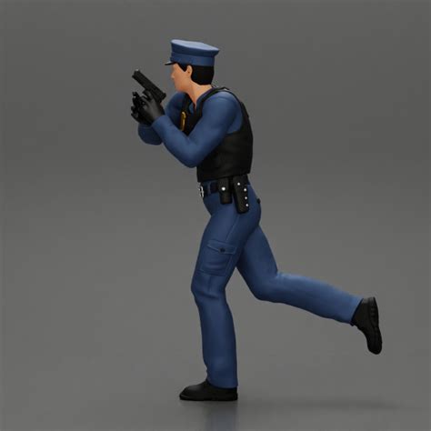 3d Printable Police Officer Running Chasing Criminal On Roadway Holding