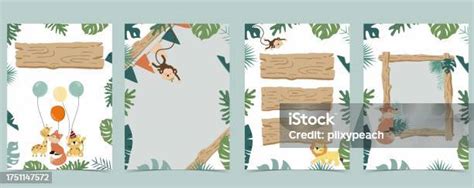 사파리 배경 세트의 나무 배너 컬렉션입니다 생일 초대장 엽서 및 스티커를 위한 편집 가능한 벡터 그림 단일 객체에 대한 스톡 벡터 아트 및 기타 이미지 Istock