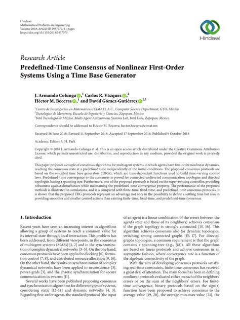 PDF Predefined Time Consensus Of Nonlinear First Order Systems Using